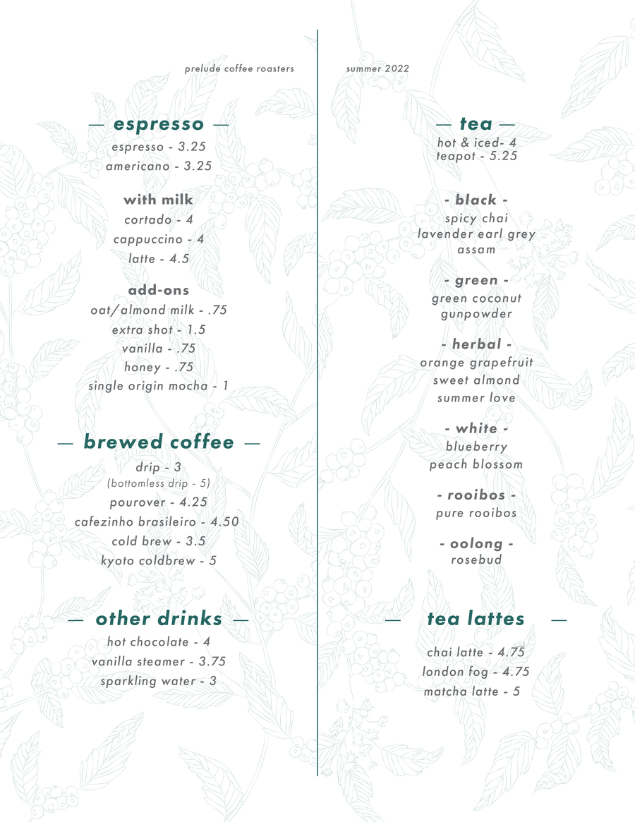 Menu – Prelude Coffee Roasters